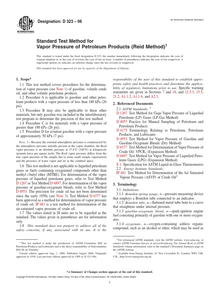 Vapor Pressure of Petroleum Products (Reid Method) : Standard Test ...