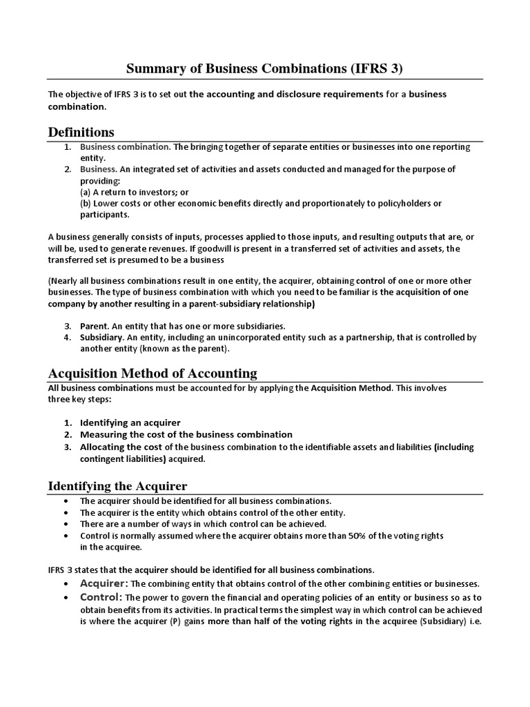 Summary Of Ifrs 3 Business Combination Pdf Goodwill Accounting