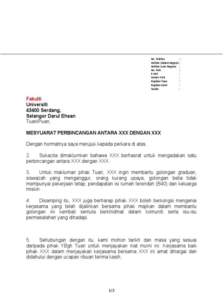 Template Surat Mesyuarat Perbincangan Kolaborasi | PDF