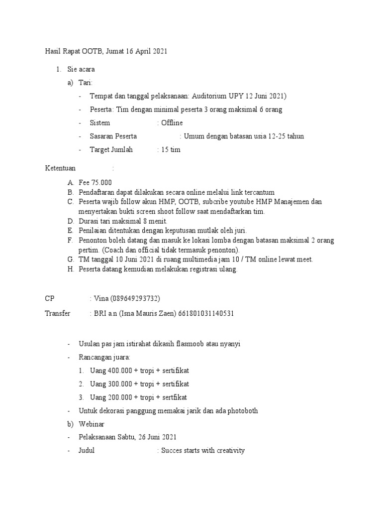 Hasil Rapat OOTB, Jumat 16 April 2021 | PDF Hasil Rapat OOTB, Jumat 16 April 2021 | PDF