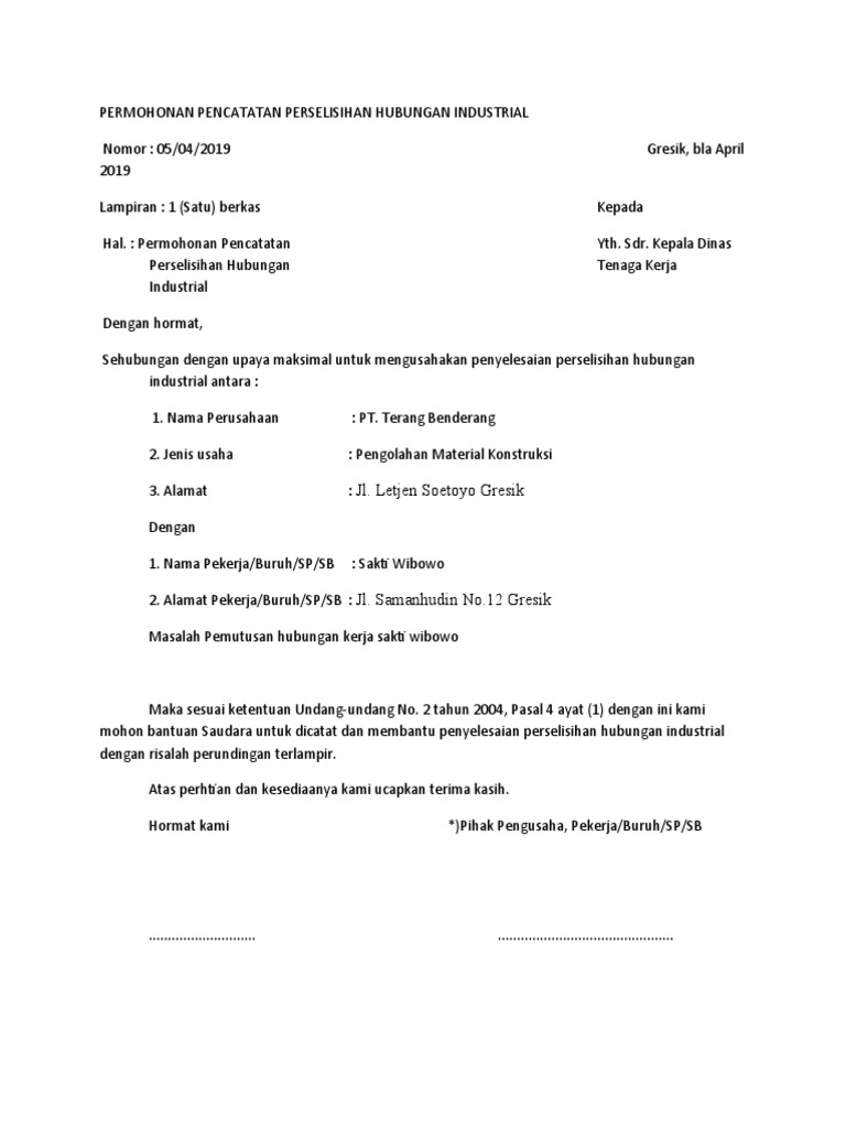 Permohonan Pencatatan Perselisihan Hubungan Industrial | PDF