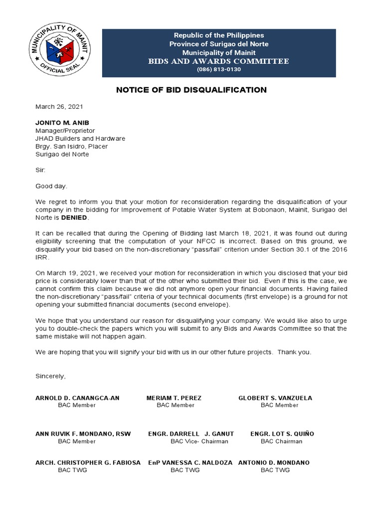 Notice of Bid Disqualification: Bids and Awards Committee | PDF
