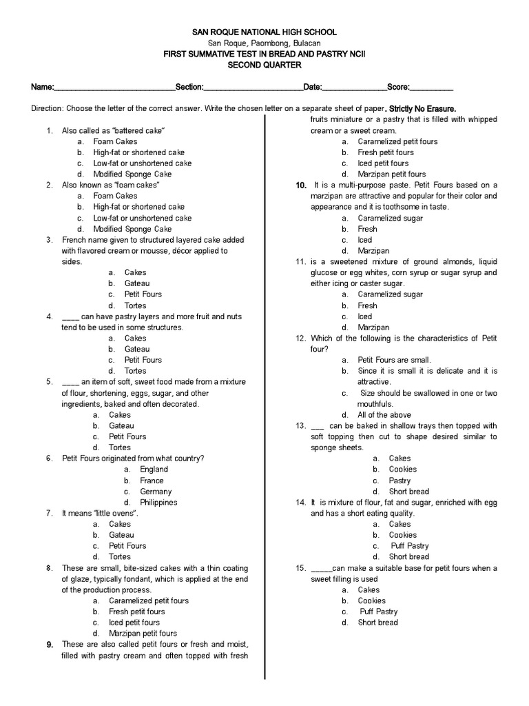1st Summative Test BPP Q2 | PDF | Cakes | Foods