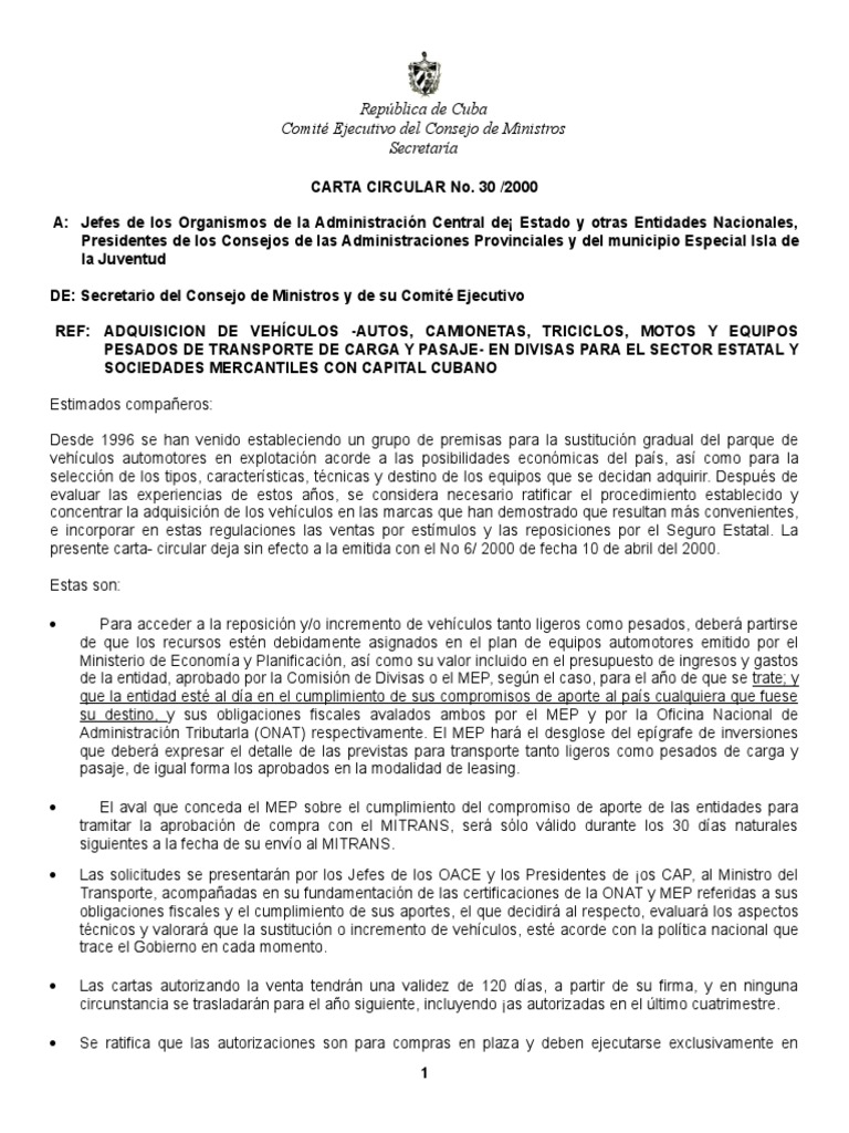 Carta Circular 30.2000 Del CECM | PDF | Cuba | Coche