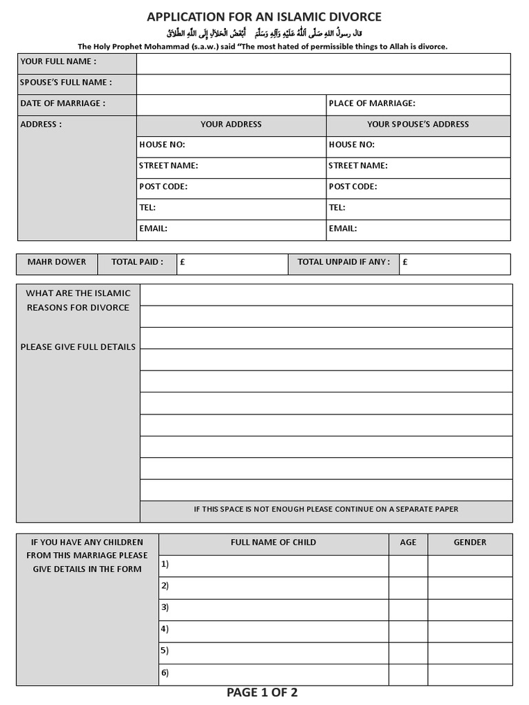 Islamic Divorce Application Form | PDF | Marriage | Divorce