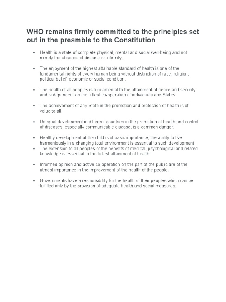 WHO Remains Firmly Committed To The Principles Set Out in The Preamble ...