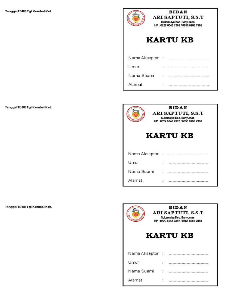 Kartu KB Bidan Ari Saptuti Depan 1 Agustus 2016 | PDF