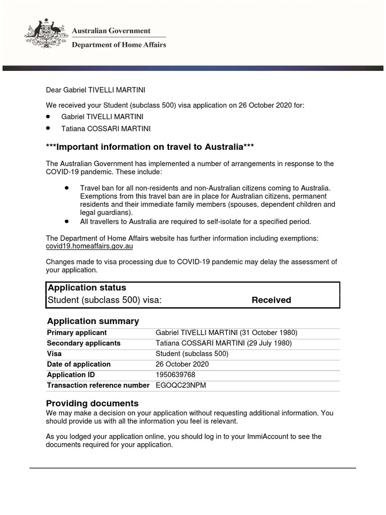 IMMI Acknowledgement of Application Received | PDF | Travel Visa | American Government