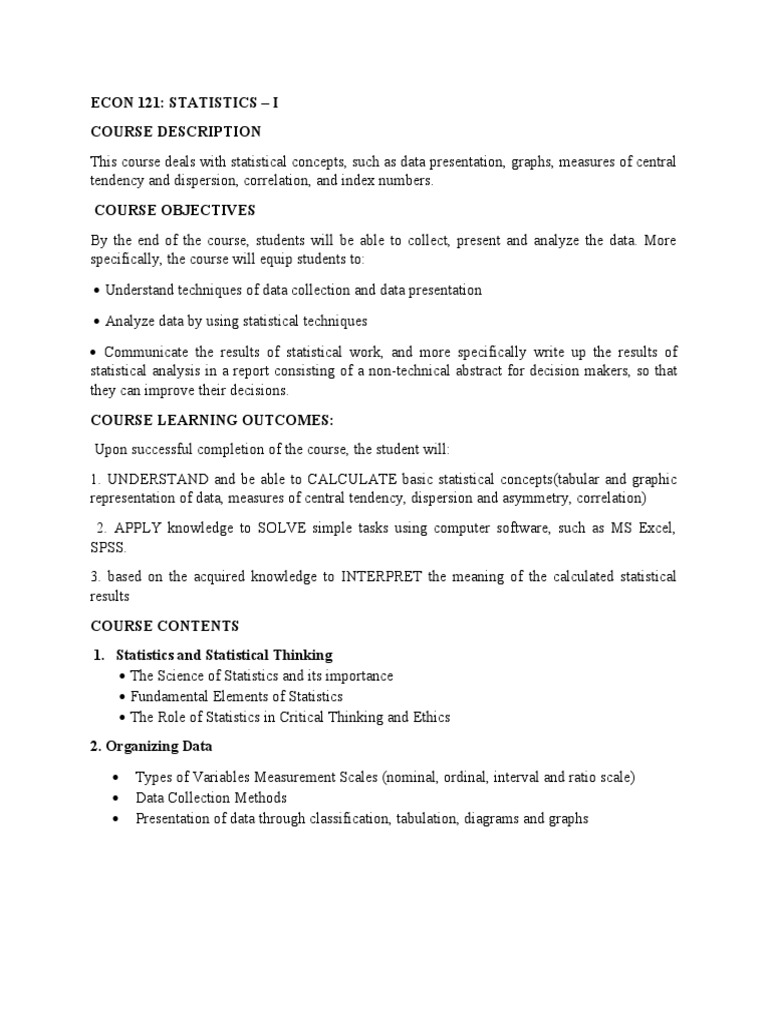 ECON 121 Statistics Course Description Data Analysis | PDF | Normal ...