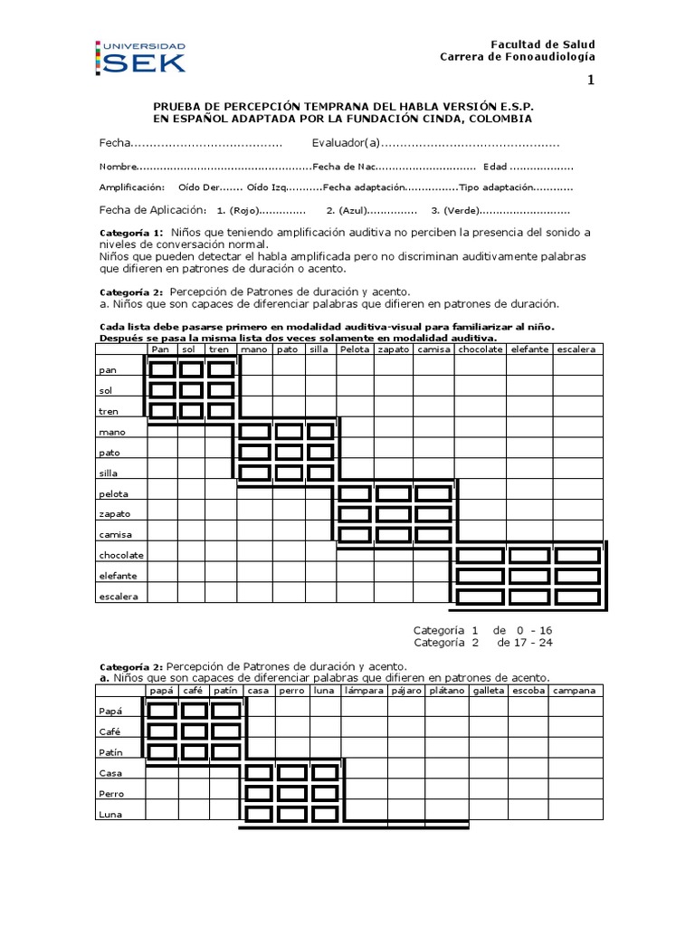 Prueba de Percepción Temprana Del Habla Versión e | PDF