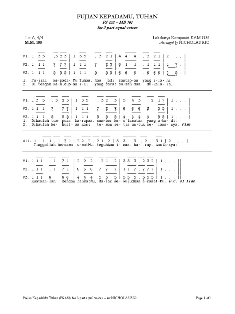 Pujian KepadaMu Tuhan 3 Voices Arr Nicholas Rio | PDF