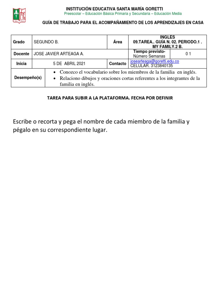 Tarea. Guía,, O2 Inglés. My Family .Periodo 2. 2B . | PDF