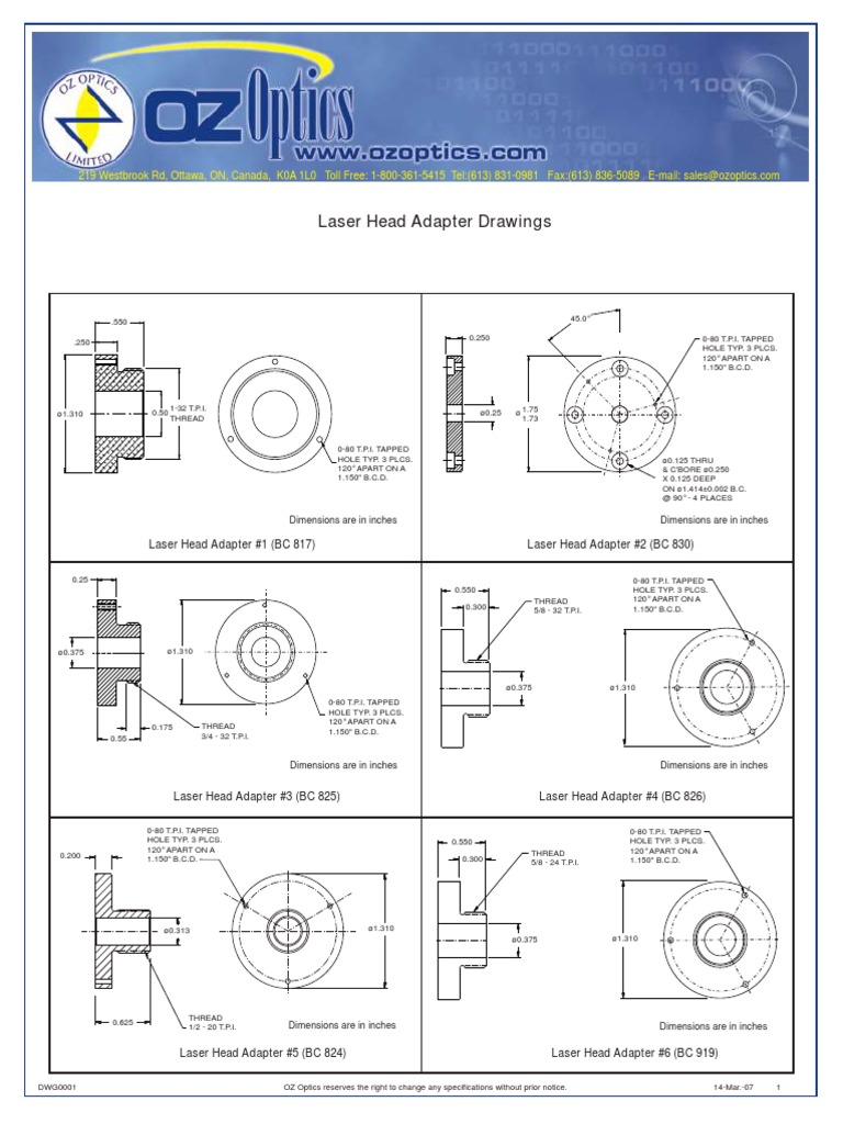 Laser Head Adapter Drawings: Dimensioned Drawings of Eight Different ...