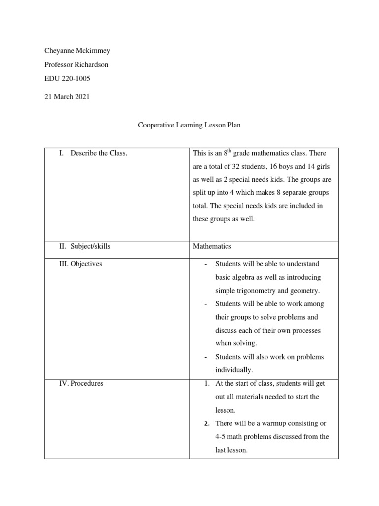 Cooperative Learning Lesson Plan | PDF | Teaching Mathematics | Lesson Plan