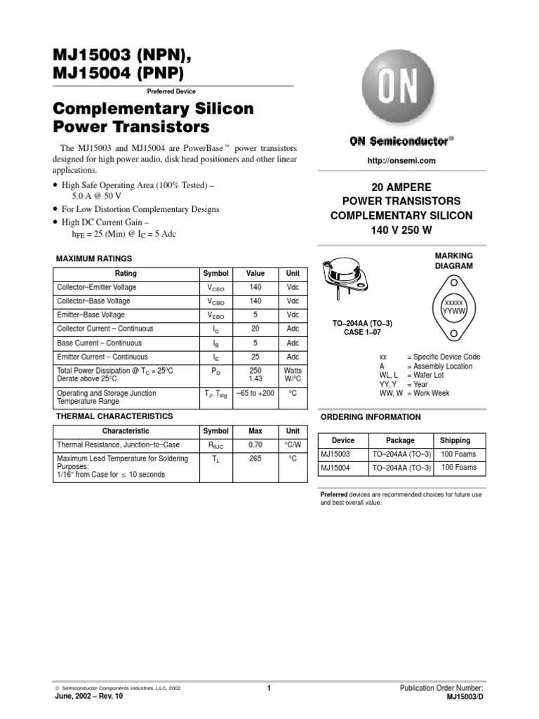 MJ15003 (NPN), MJ15004 (PNP) Complementary Silicon Power Transistors ...