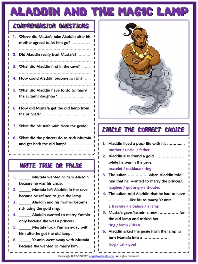 Aladdin and The Magic Lamp Esl Printable Reading Comprehension ...