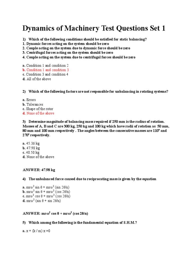 Dynamics of Machinery Test Questions Set 1 | PDF | Resonance ...
