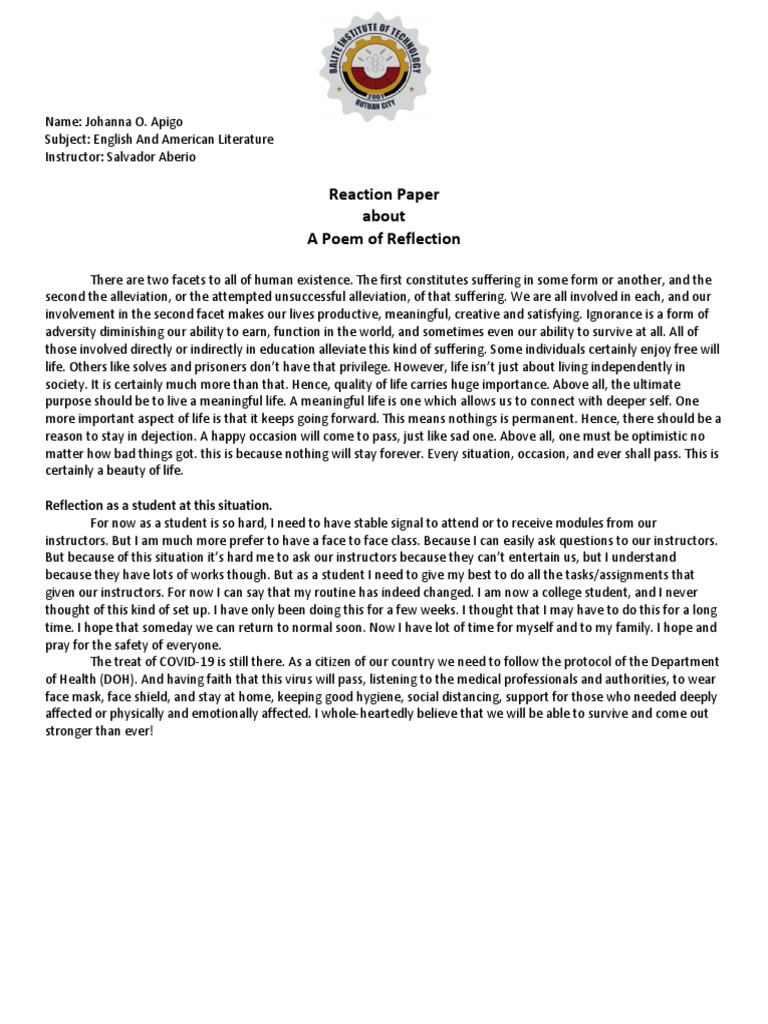 Reaction Paper About A Poem of Reflection | PDF | Psychology | Human Nature
