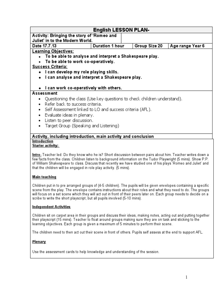 English LESSON PLAN - Shakespeare | PDF