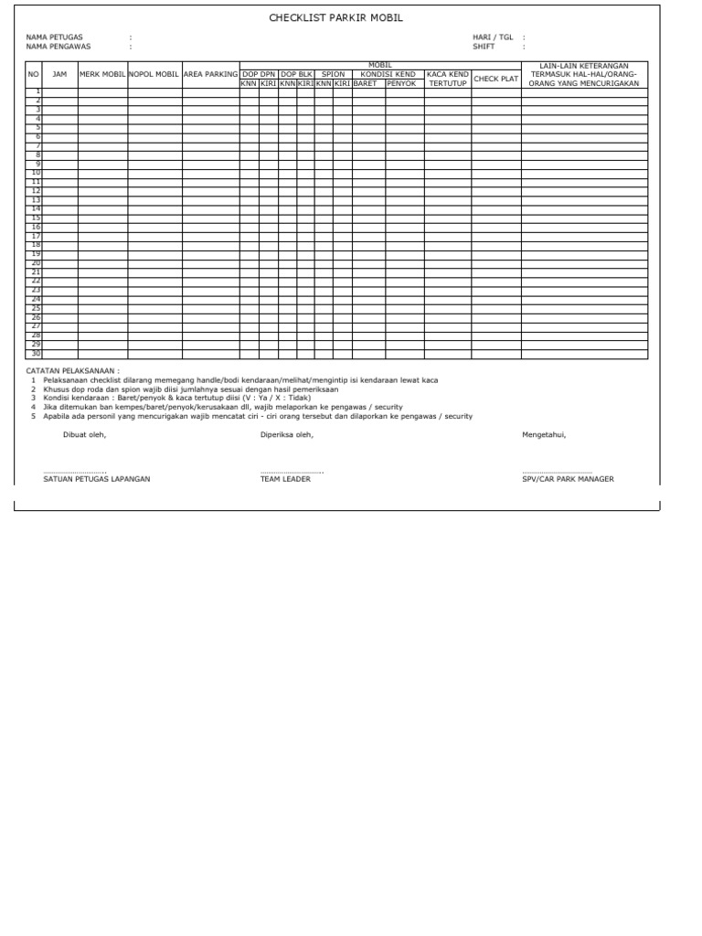 Checklist Parkir Mobilinap | PDF
