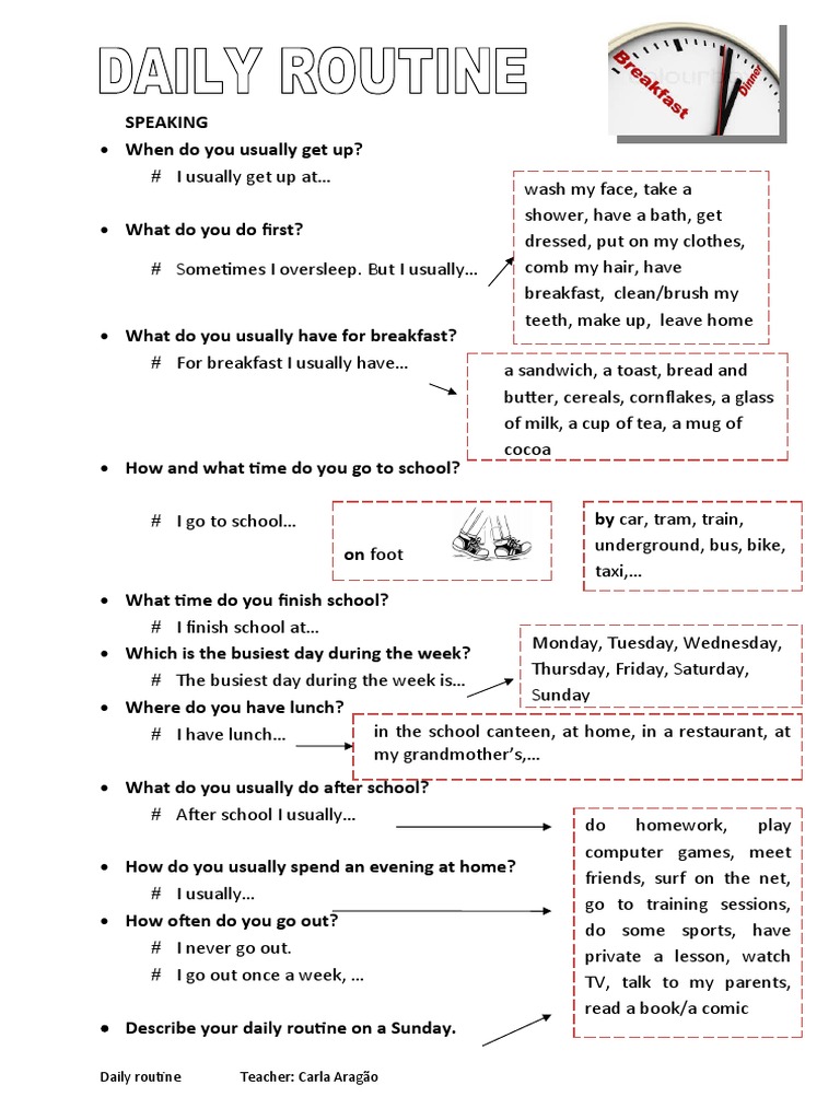 Speaking: Daily Routine Teacher: Carla Aragão | PDF | Meal | Eating ...