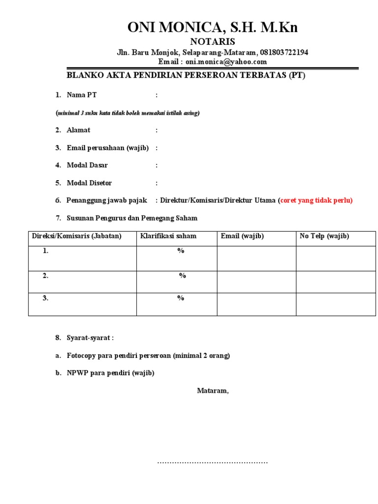 Contoh Blanko Akta PT | PDF