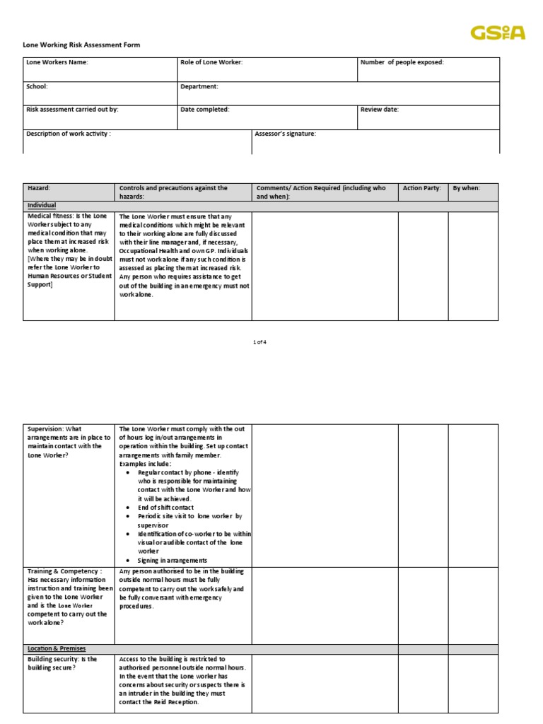 Lone Working Risk Assessment Form 2016 | PDF | Risk Assessment | First Aid