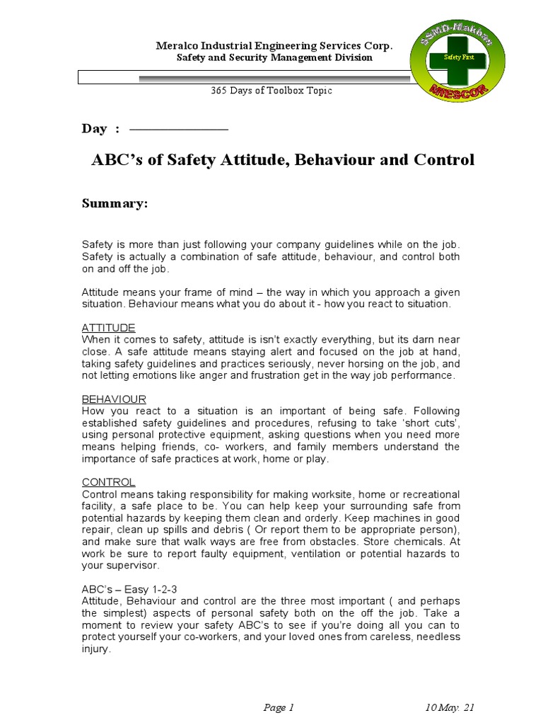 ABC's of Safety Attitude, Behaviour and Control | PDF
