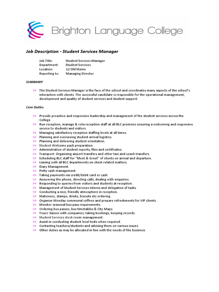 Student Services Manager Job Description | PDF | Business