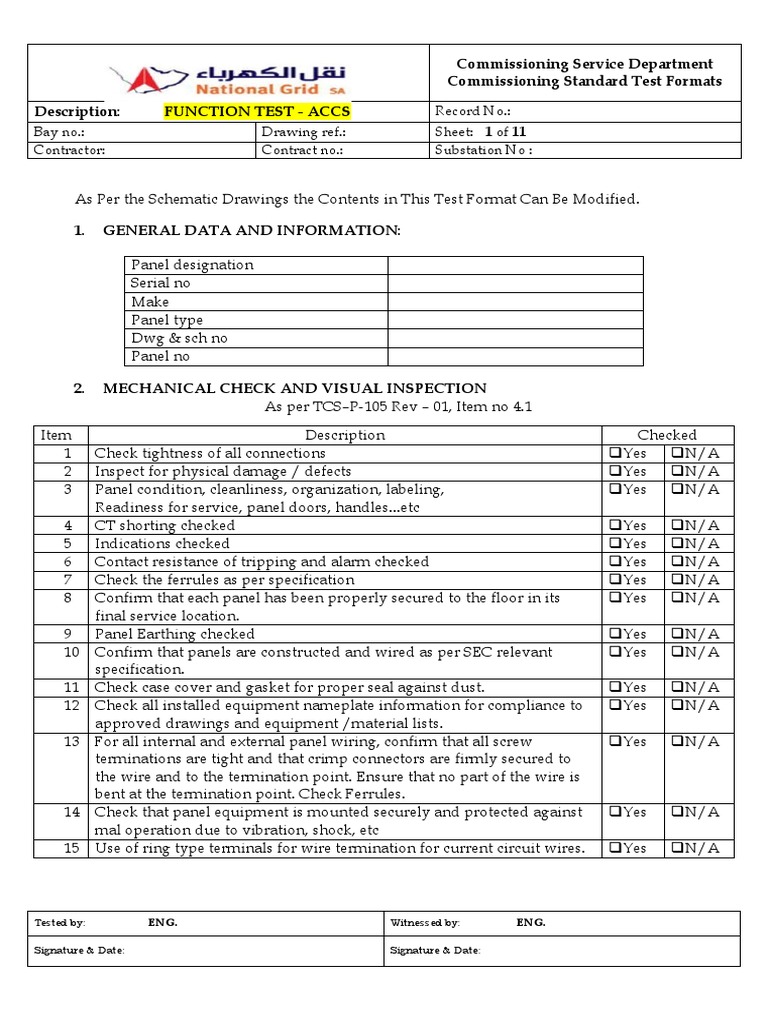 Commissioning Service Department Commissioning Standard Test Formats ...