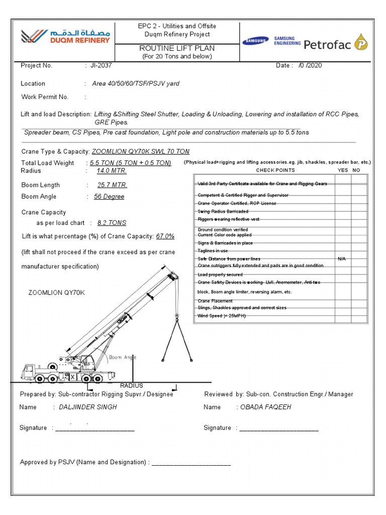 Routine Lift Plan For All crane-ZOOMLION QY 70K | PDF | Crane (Machine ...