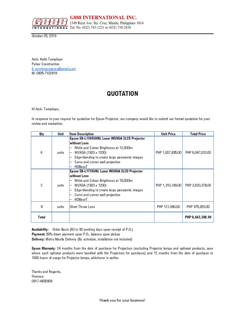 G888-Quotation - Projector - Pulsar Construction | PDF | Optics | Business