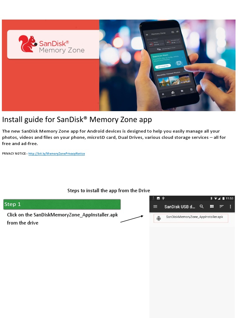 Install Guide For Sandisk® Memory Zone App: Privacy Notice | PDF