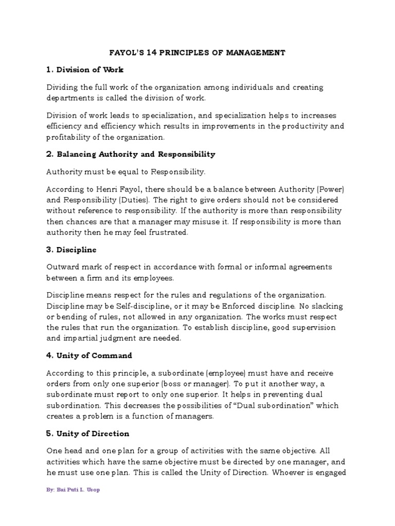 Fayol'S 14 Principles of Management 1. Division of Work: By: Bai Puti L ...