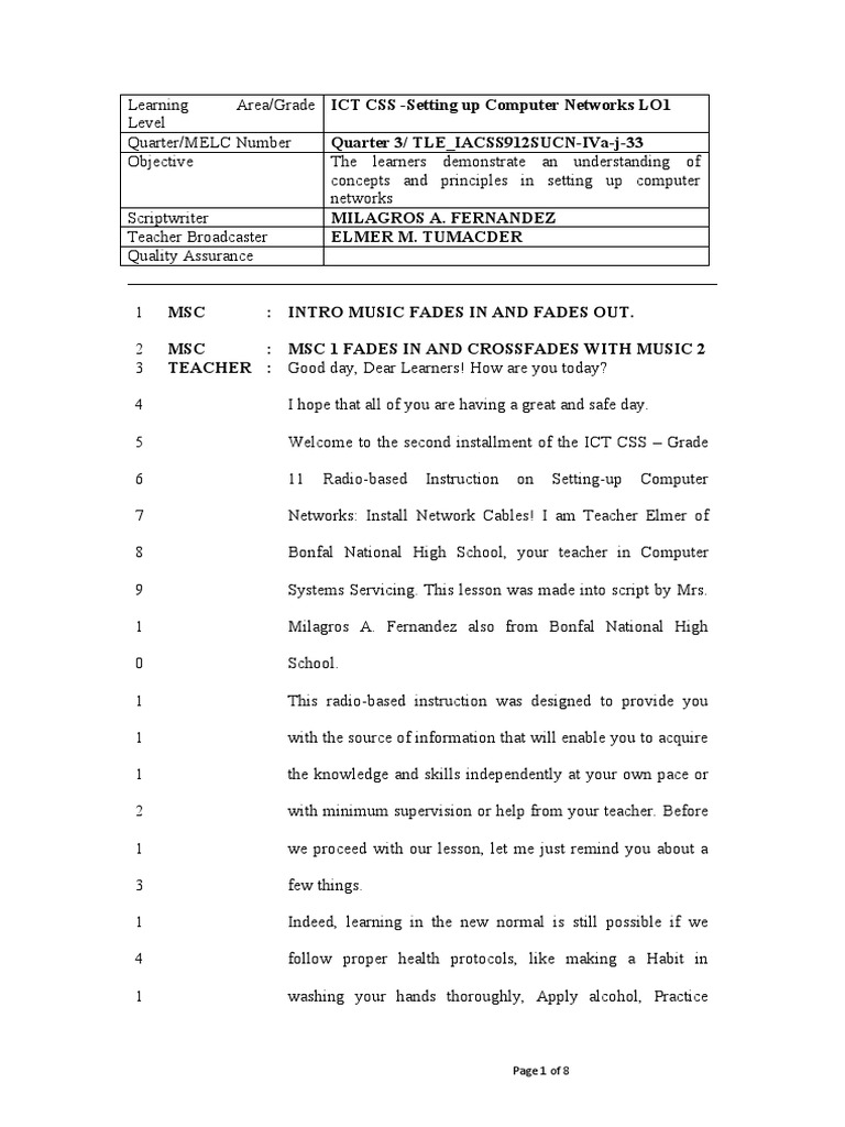 Script in ICT 11 On Setting Up Computer Networks LO1 | PDF ...