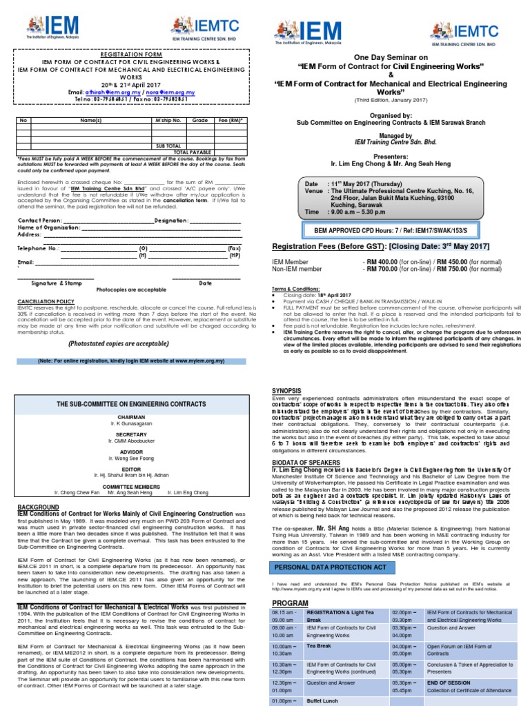 One Day Seminar On "IEM Form of Contract For Civil Engineering Works ...