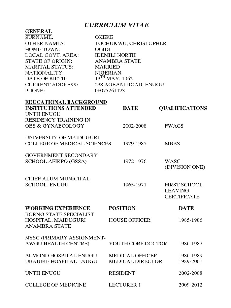 Okeke Tochukwu, Christopher Curriculum Vitae | PDF | Medical School | Medicine