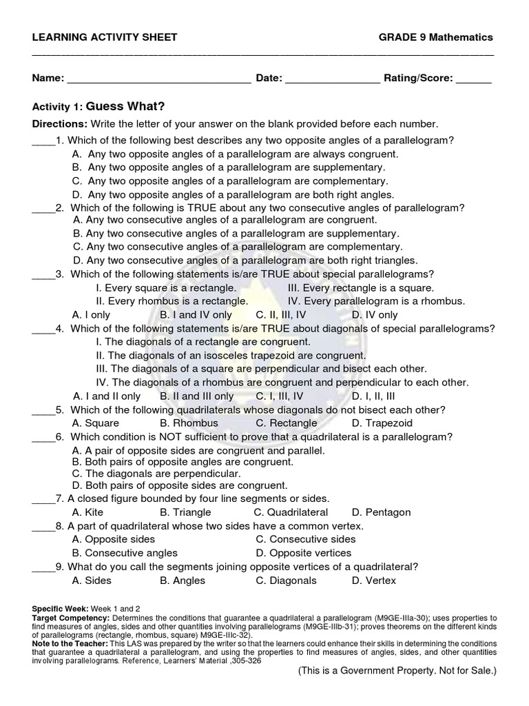 Guess What?: Learning Activity Sheet GRADE 9 Mathematics | PDF | Rectangle | Perpendicular