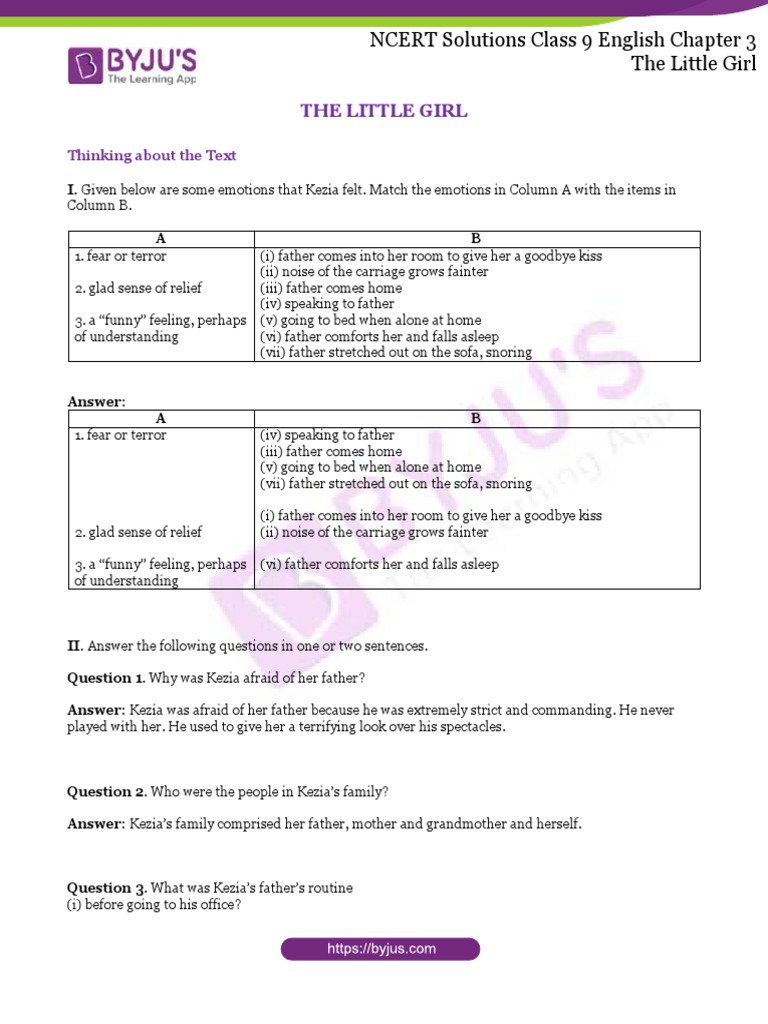 NCERT Solutions Class 9 English Chapter 3 The Little Girl | PDF