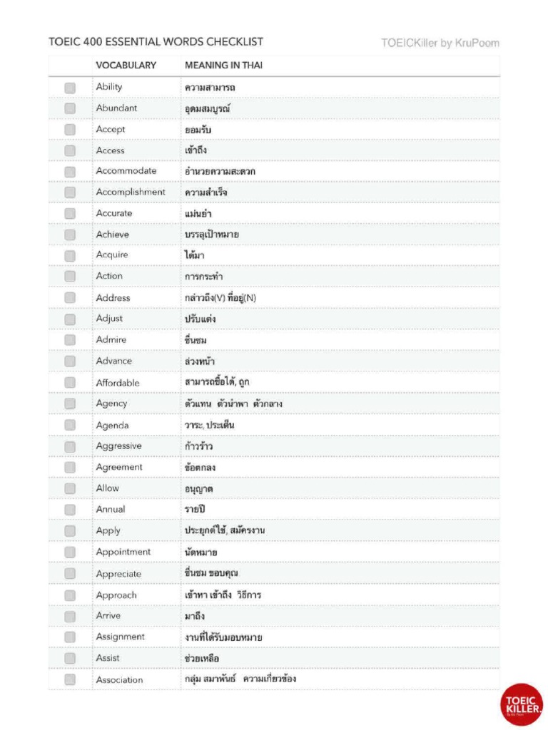 TOEIC 400 Essential Words List by KruPoom | PDF