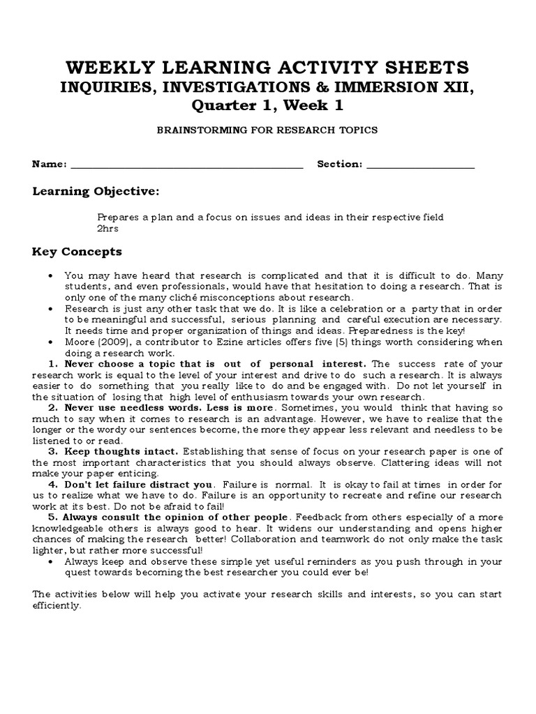 Weekly Learning Activity Sheets: Inquiries, Investigations & Immersion ...