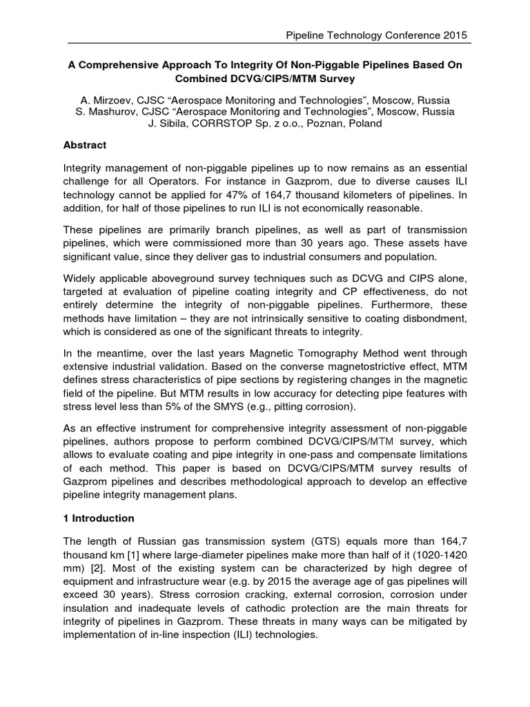 A Comprehensive Approach To Integrity of Non-Piggable Pipelines Based ...