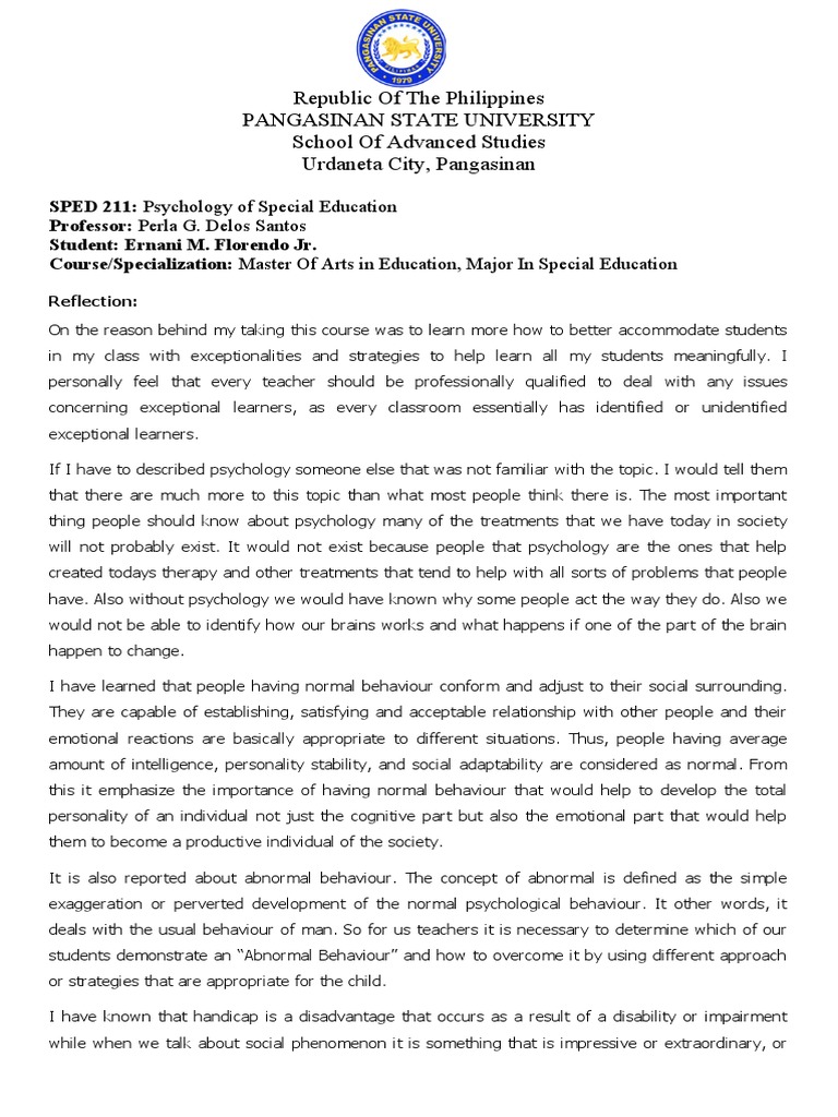 Psychology in Special Education Reflection | PDF | Learning Disability ...