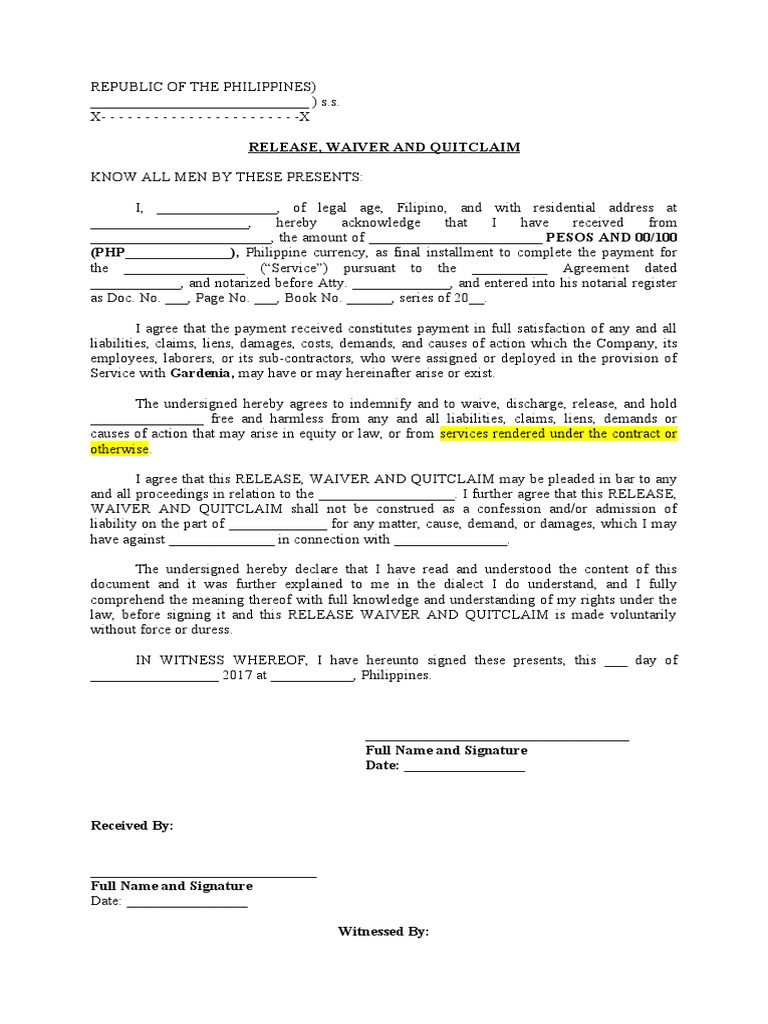 RELEASE WAIVER AND QUITCLAIM - Template | PDF | Notary Public | Private Law