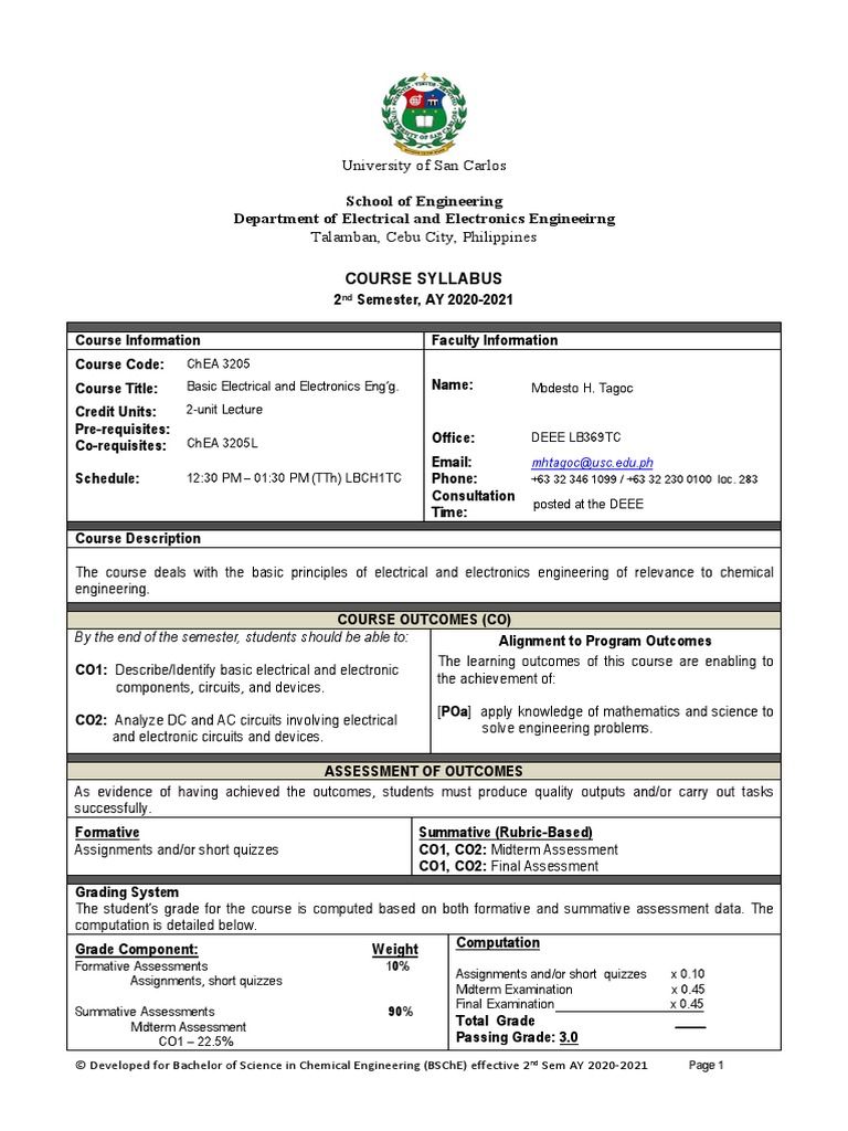 ChEA 3205 OBTL 2nd Sem AY 2020-2021 | PDF | Electrical Engineering | Electricity