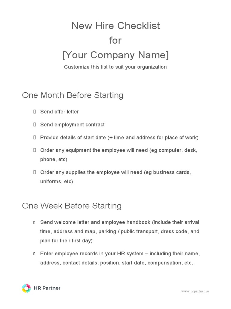 New Hire Checklist For (Your Company Name) : One Month Before Starting ...