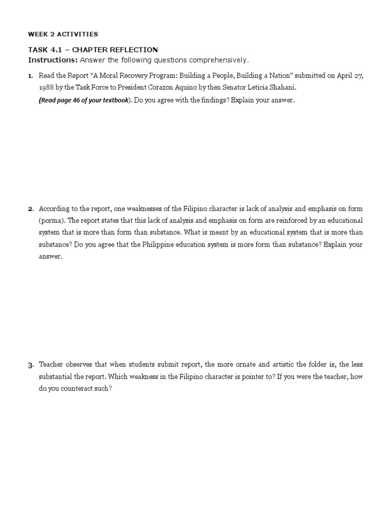 Analysis of Chapter Reflections on Strengthening the Filipino Character ...