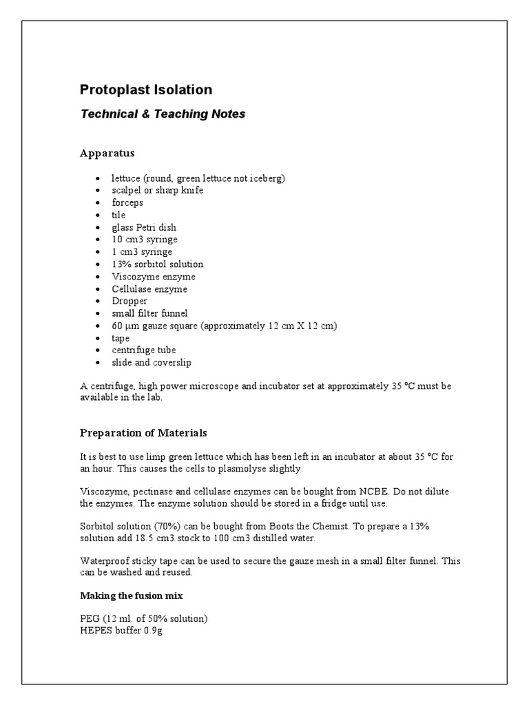 Protoplast Isolation - Technical Notes | PDF | Cell Wall | Biology