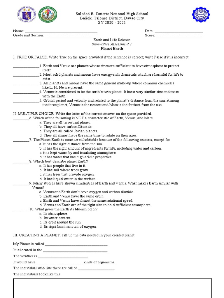Earth and Life Science - SA 1 | PDF | Venus | Planets