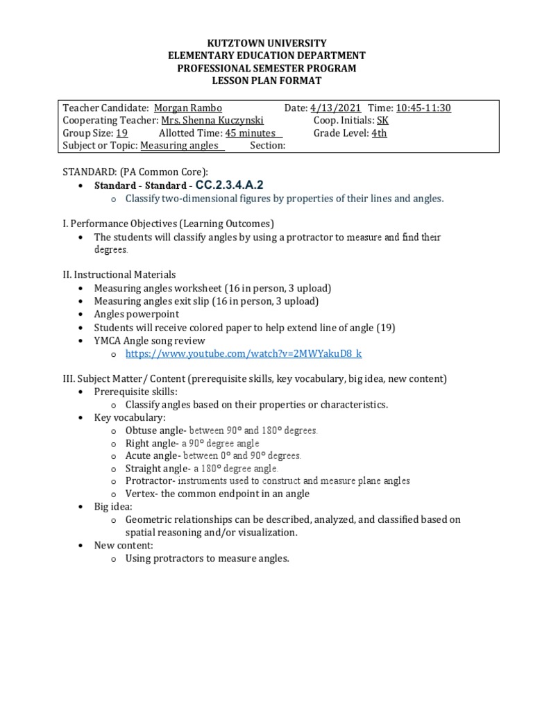 Measuring Angles Lesson Plan | PDF | Angle | Behavior Modification